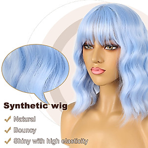 LANCAINI Short Bob Wigs with Bangs for Women Loose Wavy Wig Curly Wavy Shoulder Length Bob Synthetic Cosplay Wig for Girl Colorful Costume Wigs (Light Blue)