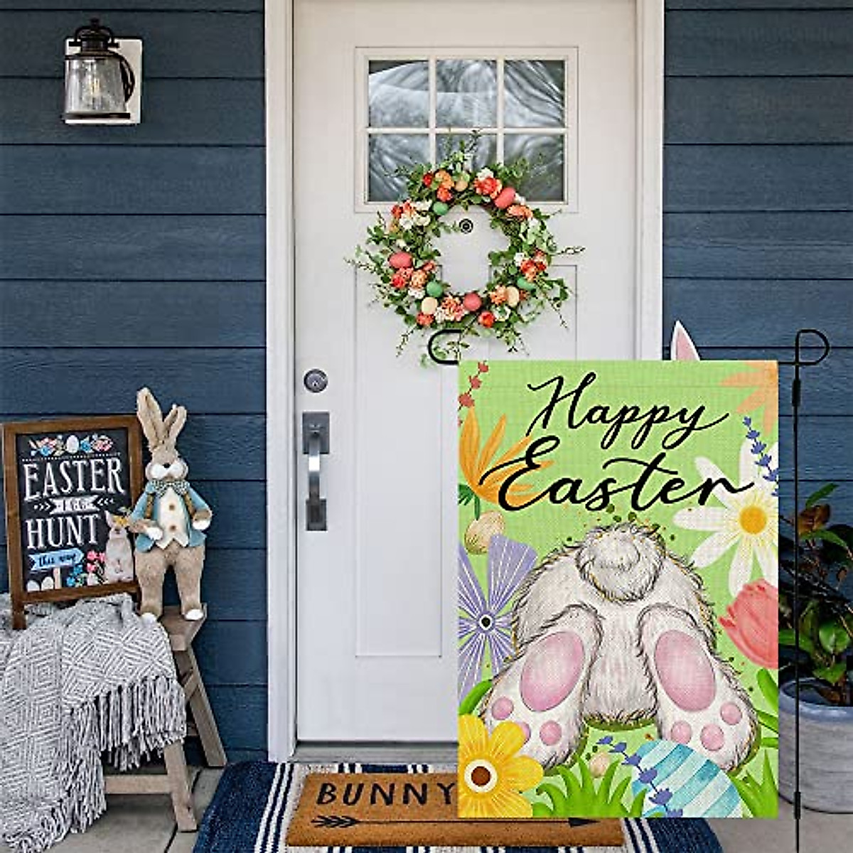 CROWNED BEAUTY Happy Easter Bunny Tail Garden Flag Floral 12x18 Inch Double Sided for Outside Burlap Small Yard Holiday Decoration CF704-12