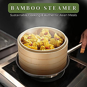Flexzion Bamboo Steamer Basket Set (8 inch), 50 x Steamer Liners and 2 Pairs of Chopsticks, Steam Baskets for DimSum Dumplings, Rice, Vegetables, Fish and Meat