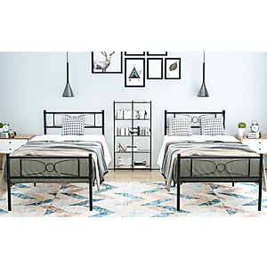 Metal Twin Bed Frames with Headboard for Boys Girls Adults Twin/Single Size Bed Frame No Box Spring Needed - Platform Beds Mattress Foundation with Storage for Student Teenager-Black