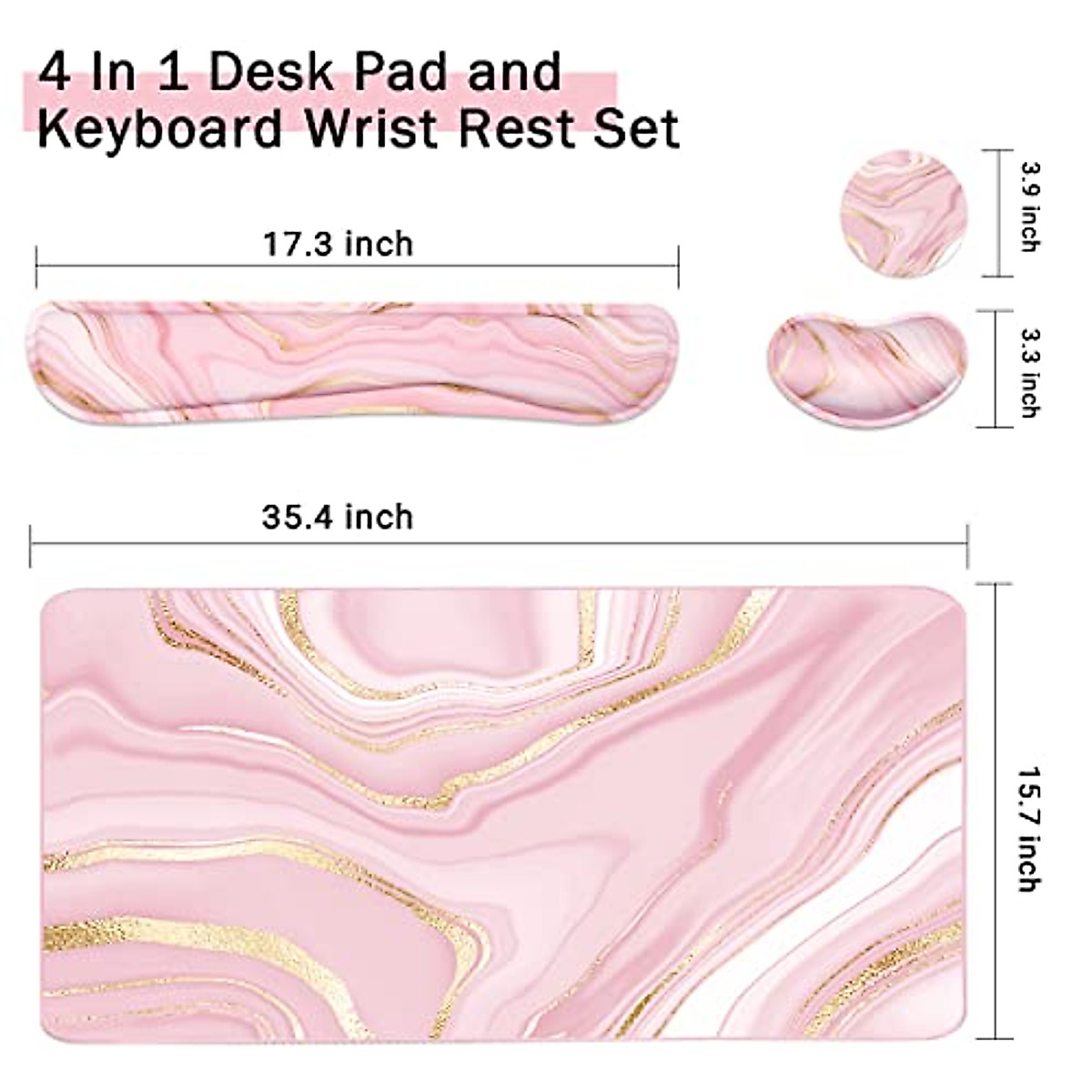 Keyboard Mouse Pad Set, Extended Mouse Pad+Keyboard Wrist Rest Support , Memory Foam Ergonomic Easy Typing , 3Pcs (35.4×15.7 in) Desk Pad Set for Home Office Study Game- Pink Gold