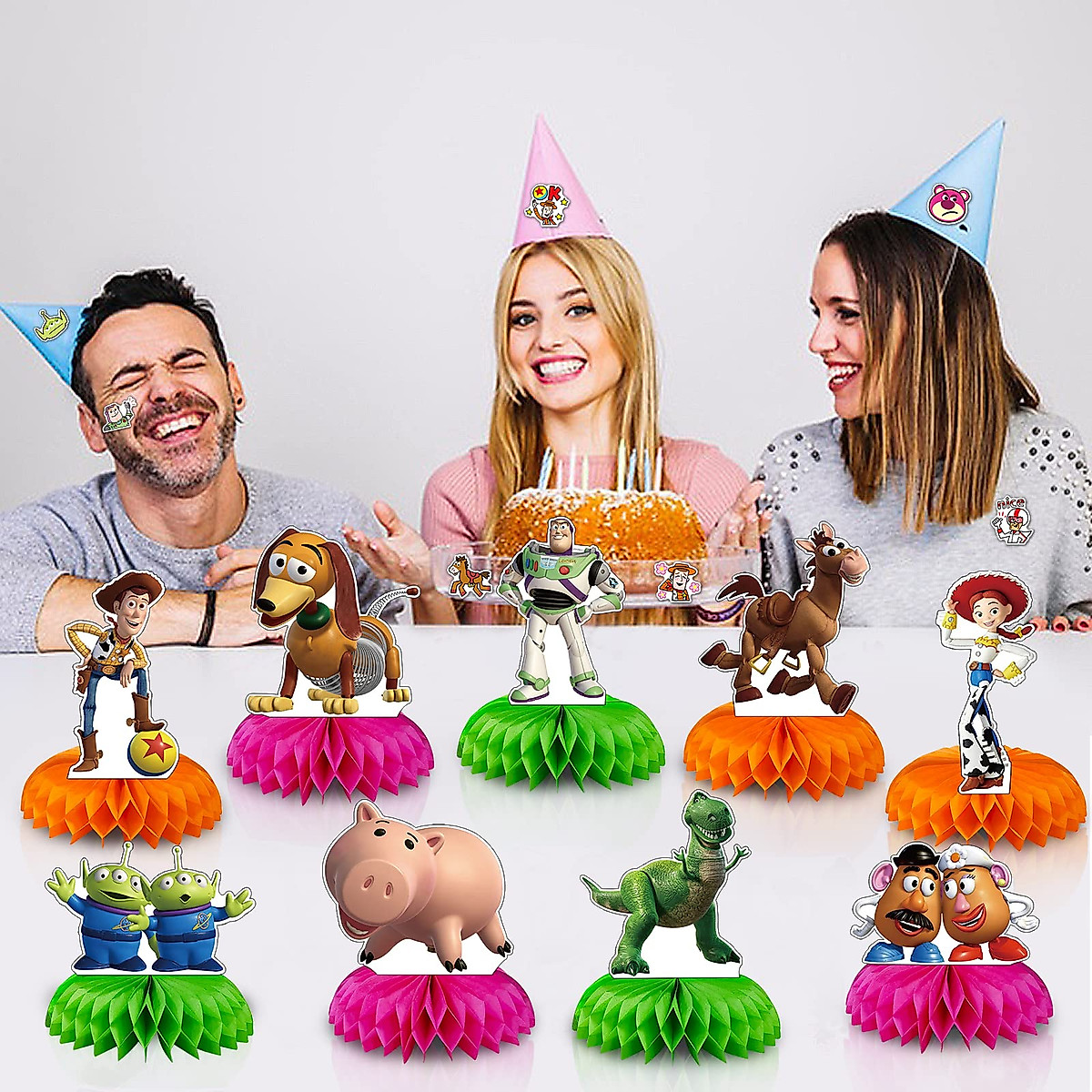 9 Pcs Toy Game Honeycomb Centerpieces, Toy Inspired Story Party Supplies, Centerpieces for Tables, Double Sided Table Centerpieces with 50 stickers, for Party Baby Shower Photo Booth Props