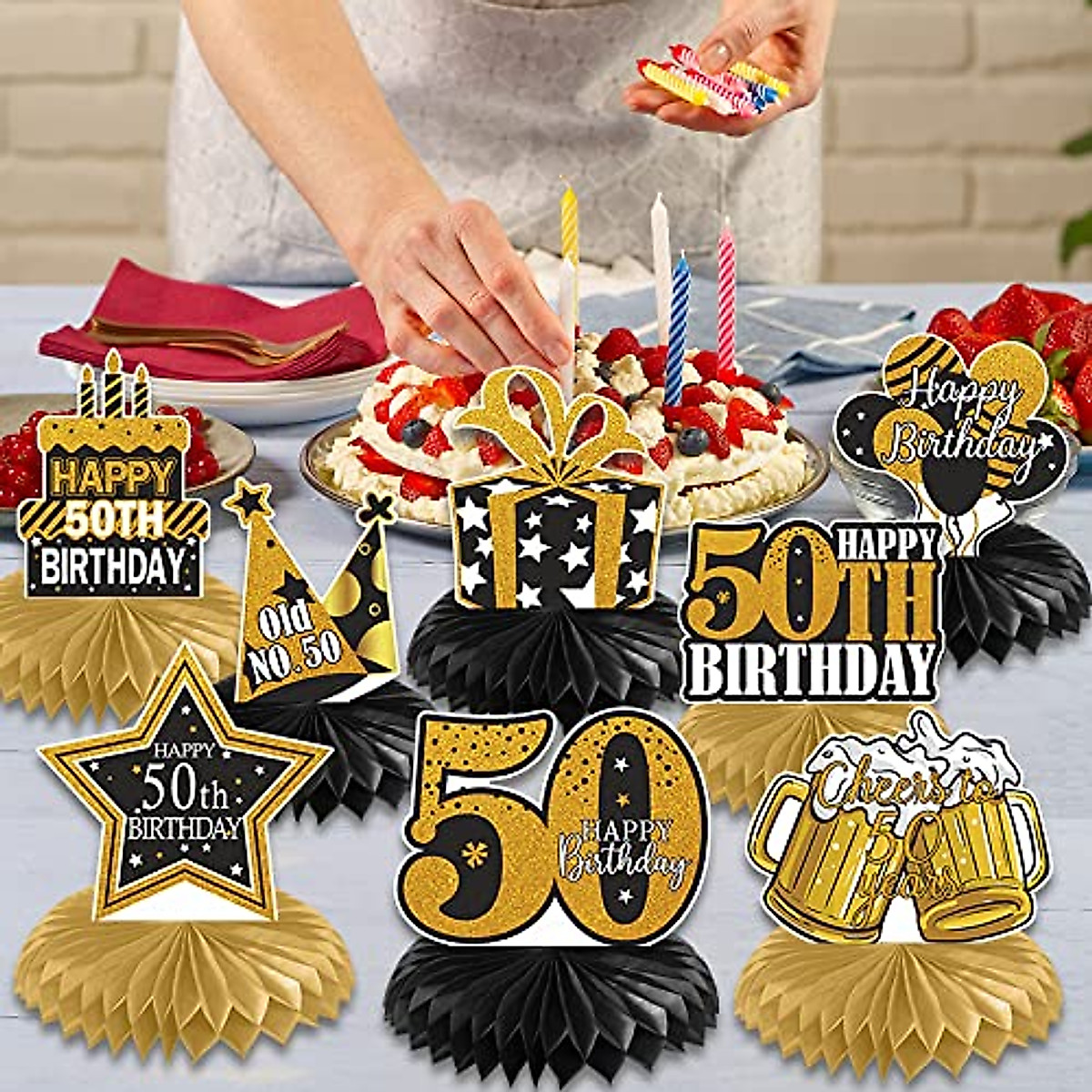 50th Birthday Decorations Honeycomb Centerpieces for Men Women, 8Pcs Black Gold Happy 50 Birthday Honeycomb Table Party Supplies, Fifty Birthday Cheers to 50 Years 50th Birthday Decor, Vicycaty