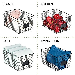 mDesign Large Metal Farmhouse Storage Organizer Bin Baskets with Label Slot for Closet, Cabinet, Cupboard - Wire Organizing Basket Holds Clothing, Linens, Shoes, Omaha Collection, 4 Pack, Matte Black