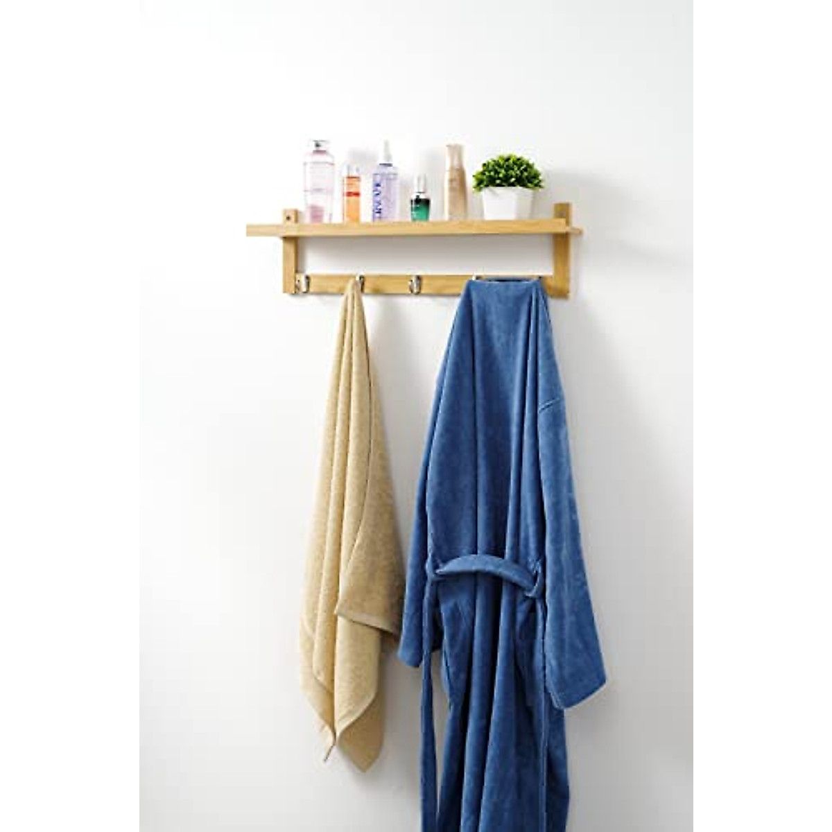 YourWoodStore Wall Mounted Coat Rack with Shelf, Floating Shelf, Natural, Wooden, 5 Alloy Hooks, 27 Inch, Supports Advanced Stud Spacing(24Inch), Entryway Organizer, Key Holder