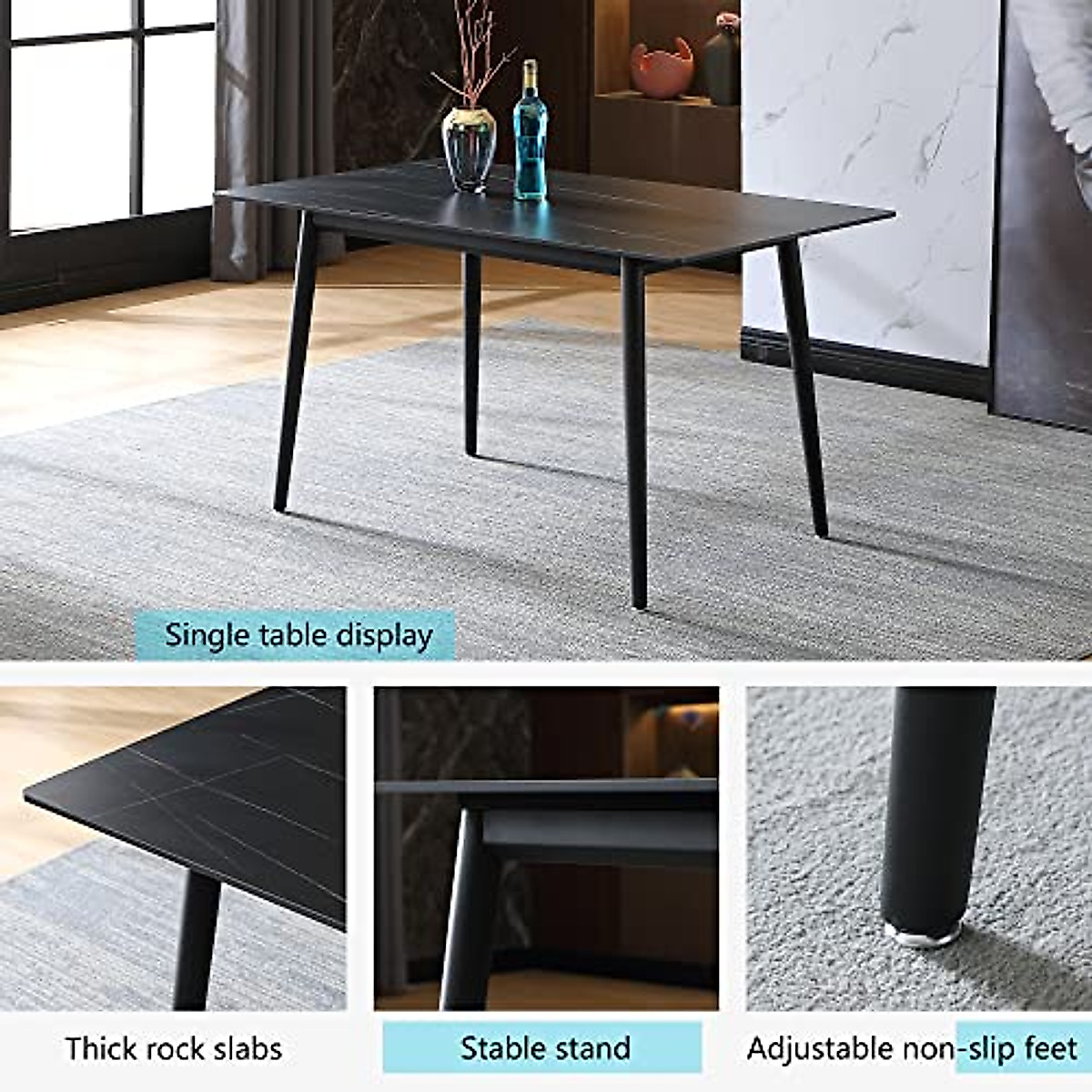 Zerifevni 5 Piece Dining Table Set, Dining Chairs Set of 4, Modern Kitchen Table Set Top with Slate Stone, Metal Base & Legs, Dining Room Table and Leather Chairs (Brown,1 Table with 4 Chairs)