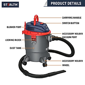 Stealth 3 in 1 Wet Dry Vacuum Cleaner, 5 Gallon 5.5 Peak HP, Portable Shop Vacuum with Blower, 1-1/4 inch Hose, ECV05P1