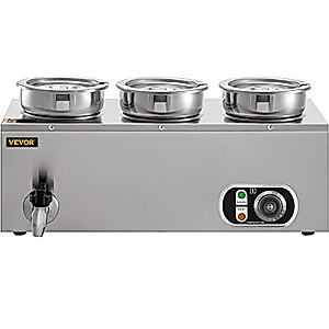 VEVOR 110V Commercial Food Warmer 12.6 Qt Capacity, 800W Electric Soup Warmer Adjustable Temp.86-185℉, Stainless Steel Countertop Soup Pot with Tap, Bain Marie Food Warmer for Cheese/Hot Dog/Rice