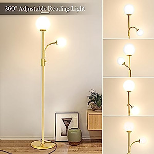 bulbeats Dimmable Globe Floor Lamp, Gold Standing Lamp with Adjustable Reading Light 3000K 6W G9 Bulbs, Industrial Tall Lamp for Living Room Bedroom Mid Century Modern Decor