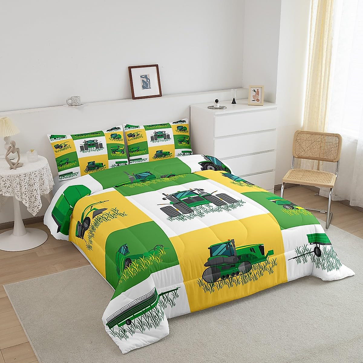 Boys Cartoon Truck Car Down Comforter Twin Size Kids Construction Vehicles Tractor Comforter Set for Kids Children Farm Excavator Bedding Set Construction Site Cars Duvet Set, Green Yellow
