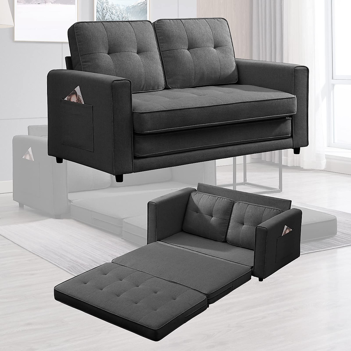 Mjkone Pull Out Sofa Bed, 3-in-1 Loveseat Sleeper Sofa Bed with 2 Side Pockets, 5.5" Tri-Fold Multi-Function Floor Gaming Sofa Bed, Fold Out Sofa Couches for Living Room/Bedroom/Office - Dark Grey