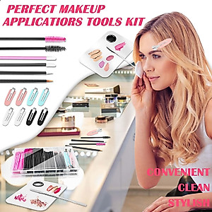 Shynek Makeup Mixing Tray with Disposable Accessories Kit - Mascara Wands, Lip Applicators, Hair Clips & Organizer Box