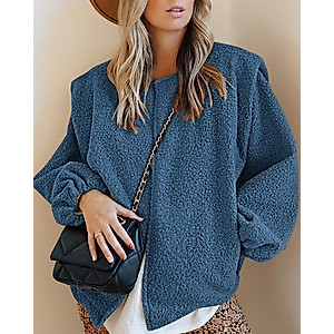 KIRUNDO Women's 2024 Fall Winter Sherpa Fleece Jacket Faux Wool Embedded Lantern Sleeve Casual Loose Outwear With Pockets(Blue, Small)