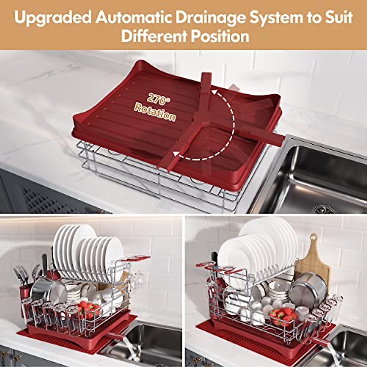 Qienrrae Large Dish Drying Rack with Drainboard Set, Stainless Steel Dish Rack with Drainage, Wine Glass Holder, Utensil Holder and Extra Dryer Mat, 2 Tier Dishes Rack for Kitchen Counter, Red