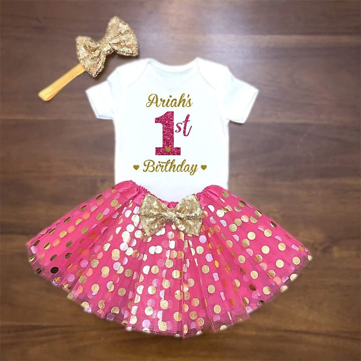 Funmunchkins Personalized 1st Birthday Girl Outfit, Hot Pink and Gold - 12M