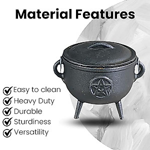 Cast Iron Cauldron with Lid and Carry Handle for Spells, Smudging, Ritual & Blessings | Includes 6 Free Incense Smudge Cups (4.5 Inch, Pentagram)