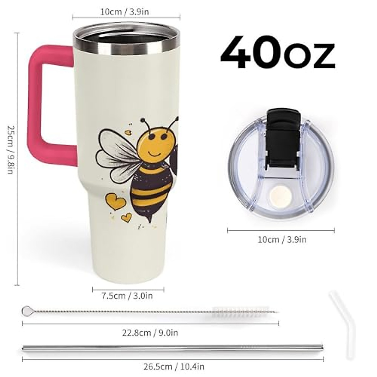 FHENMSA 40 Oz Insulated Coffee Mug Tumbler with Handle,Bee Love Honey Print Insulated Tumbler,Stainless Steel Travel Mug with Lid And Straw