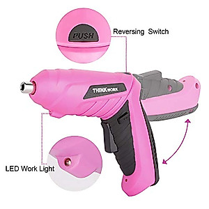 THINKWORK 122-Piece Pink Tool Set with 3.6V Rotatable Electric Screwdriver, Home Tool Kit for Women with Easy Carrying Round Pouch, Ladies Pink Tool Kit for Home Maintenance, DIY, Gifts
