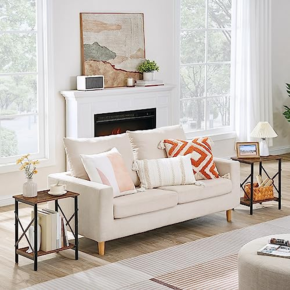 MAHANCRIS Small Side Table, 2-Tier Narrow End Table with Storage, X-Shaped Narrow Nightstand, Bedside Table for Small Spaces, Steel Frame, Living Room, Bedroom, Easy Assembly, Rustic Brown ETHR2801Z