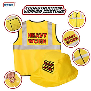 LOLO TOYS 20-Piece Construction Truck & Road Play Mat Set: Toy Construction Vehicles & Costume with Hat for Boys & Girls, Includes 5 Small Metal Diecast Construction Vehicle Toys & Search Game