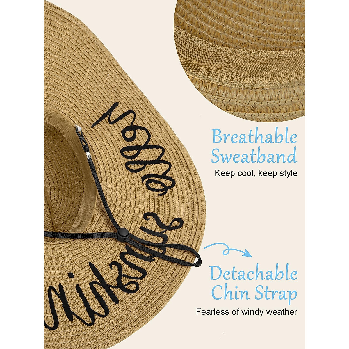 Floppy Beach Hats for Women, Foldable Wide Brim Sun Hat Embroidered Roll up Straw Hat - Vocation, Honeymoon, Travel Khaki