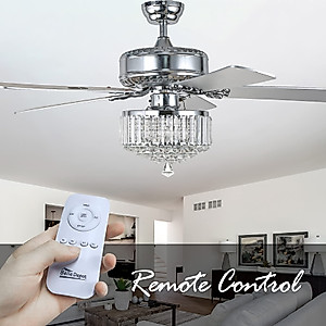 52" Crystal Ceiling Fan Chandelier, Remote Control, Reversible Motor & 5 Wood Reversible Blades, Chrome Finish