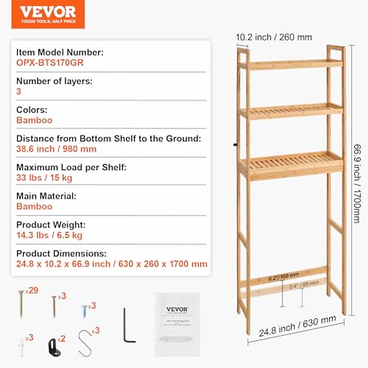 VEVOR Over The Toilet Storage, 3-Tier Adjustable Over Toilet Bathroom Organizer, Bamboo Storage Shelf Rack with 3 Hooks, Freestanding Easy Assembly Laundry Space Saver, Fit Most Toilets
