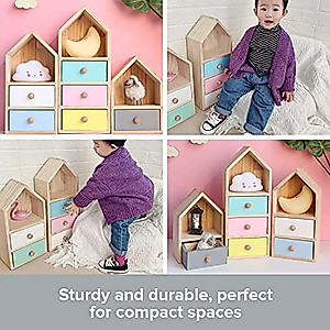 House Shaped Display Shelf with 2 Drawer - Wood Dresser Floating Shelf - Kids Bedroom Furniture - Desk Decor Book Shelf - Nursery Decor - Cute Storage Shelves for Bedroom - 1 Tier 7.9x1.8x11.4 in