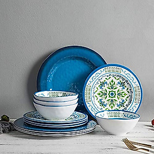 Melamine Dinnerware Sets for 4 - 12pcs Plates and Bowls Sets ,Unbreakable, Dishwasher Safe, Indoor Outdoor Use