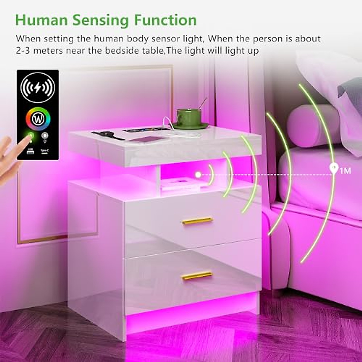 HNEBC LED Nightstand, RGB White Night Stand with USB/Wireless Charging Station, Modern Bedside Table has Auto Sensor RGB Lights, End Side Table with 2 Drawer for Bedroom Furniture, White
