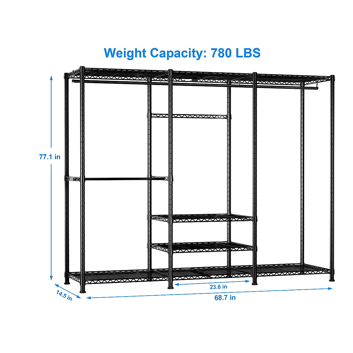 Ulif E5 Garment Rack, 4 Tiers Freestanding Heavy-Duty Closet Organizer and Storage System, Max Load 780LBS, 67.9" W x 14.5" D x 77.1" H, Black