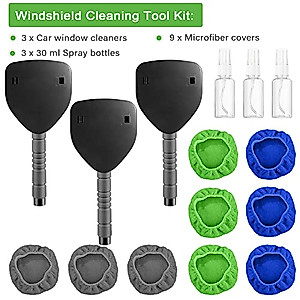 3 Sets Windshield Cleaner Car Window Cleaner Car Windshield Cleaning Tool Glass Cleaner Wiper with Detachable Handle, 9 Microfiber Pads and 3 Spray Bottles Car Cleanser Brush Car Cleaning Kit