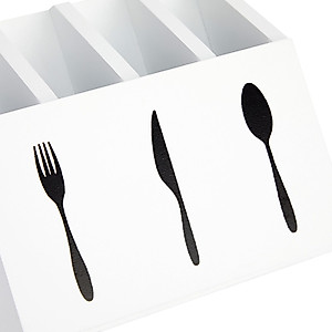 Wooden Utensil Holder, Silverware Caddy for Kitchen (7 x 5.5 x 6.6 In, White)