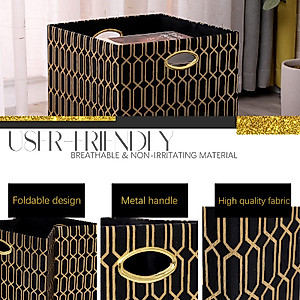 Fboxac Cube Storage Bins 13×13 Polyester Foldable Box with Handles, Black Gold Collapsible Organization Basket Set of 4 Large Capacity Drawer for IKEA Closet Shelf Halloween Cabinet Bookcase