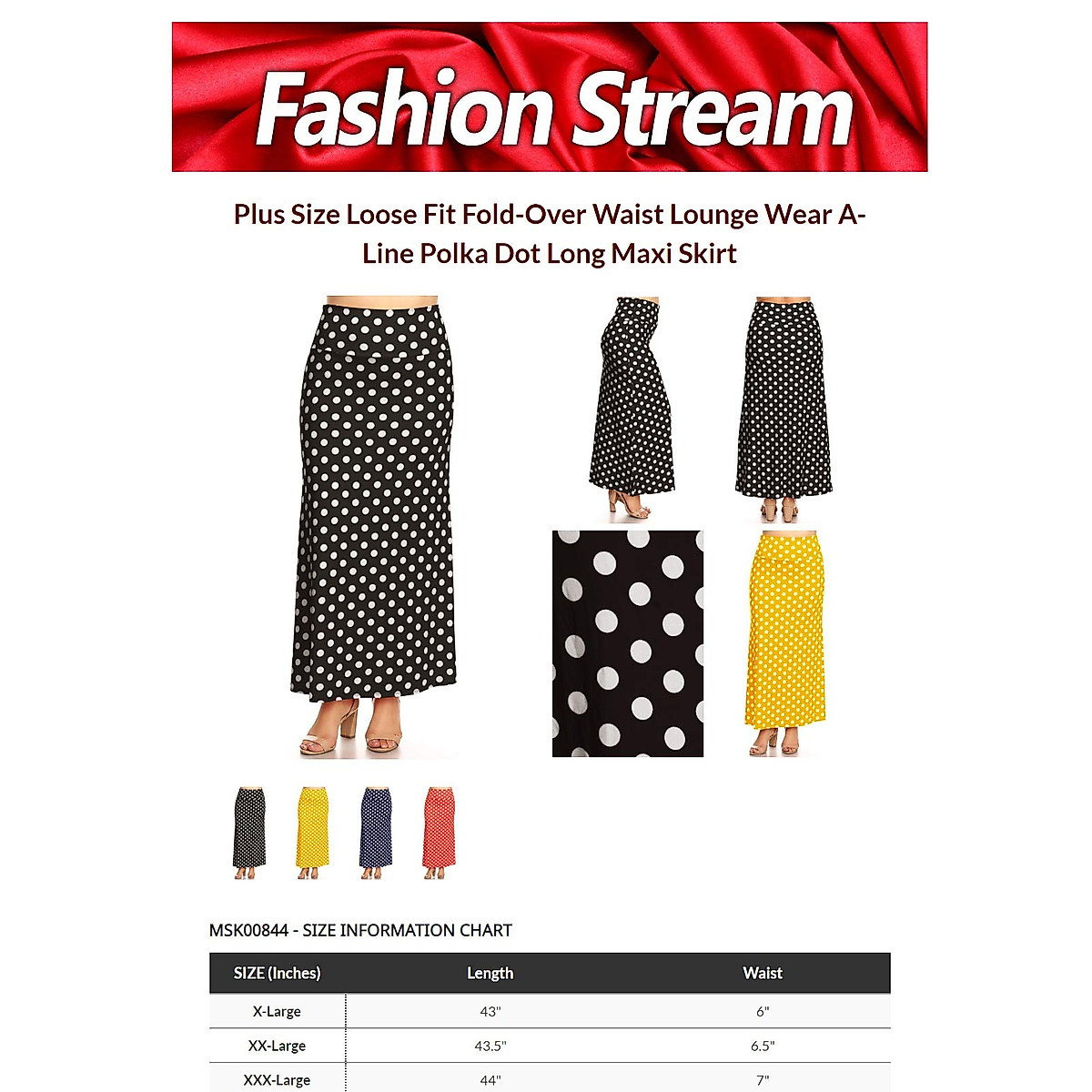 Plus Size Fold-Over Waist Lounge Wear A-Line Polka Dot Long Maxi Skirt Small Polka Red XL