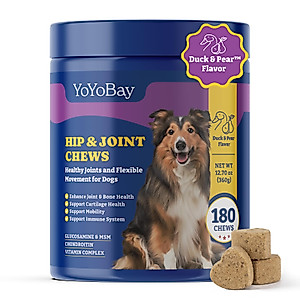 YoYoBay Joint Supplement for Dogs - Glucosamine for Dogs, with Chondroitin, MSM - Dog Pain Relief Anti-Inflammatory, Support Hip & Joint Health, Mobility - 180 Soft Chews, Duck & Pear Flavor