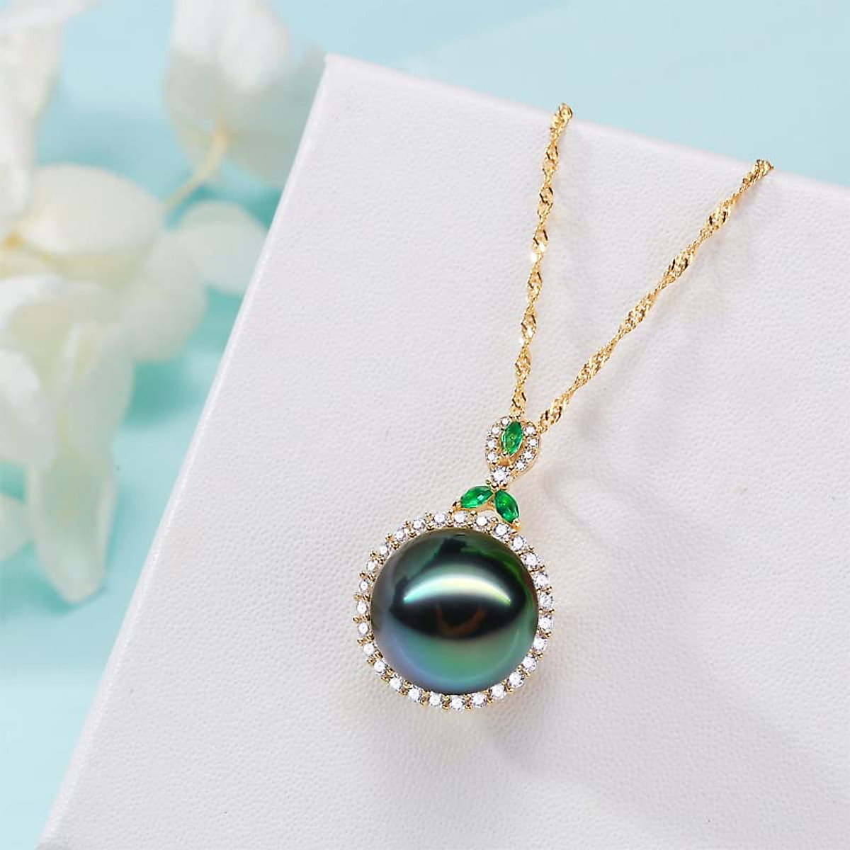 Nonnyl Gifts for Women- Tahitian-Black-Pearl-Necklace for Women, 12-13mm Real South Sea Pearls Pendant Sterling Silver Plated 18K Gold With Urquoise- Christmas Mothers Day Valentine's Day Jewelry