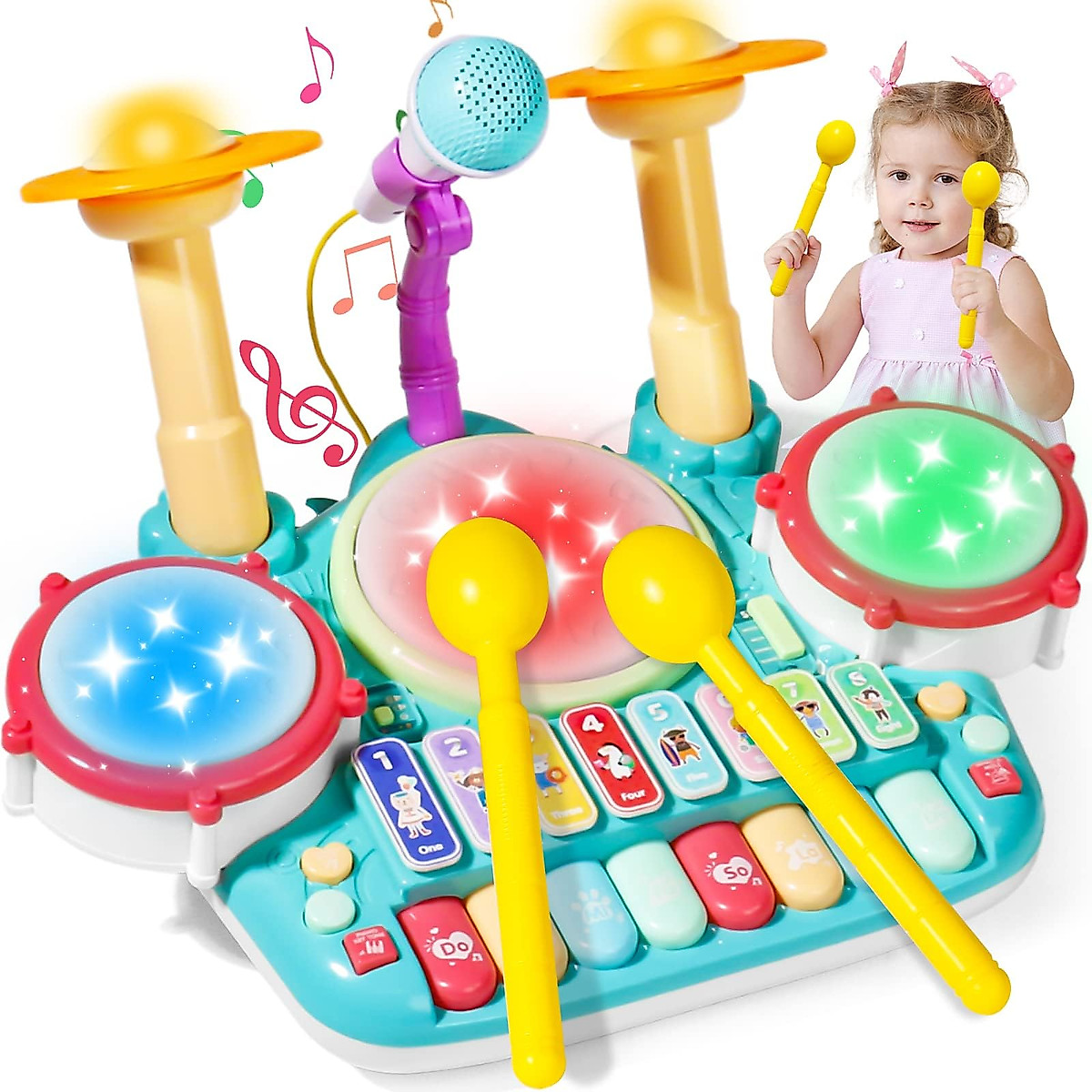 Fajiabao Kids Drum Set for Toddlers 1-3 with Microphone, Baby Drum Kit Musical Toys for 1 Year Old Boy Girl Light Piano Keyboard, Early Learning Instruments for 6 12 18 Month
