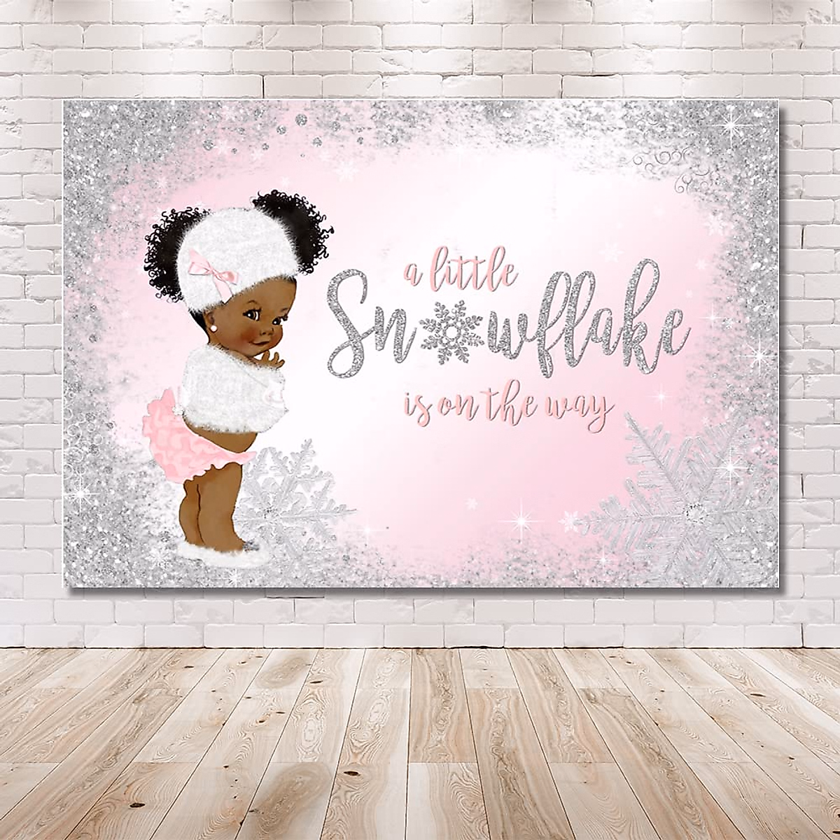 MEHOFOND Winter A Little Snowflake is On The Way Backdrop for Girls Baby Shower Pink Silver Glitter Snowflakes Baby Shower Party Decorations Photography Background Photo Shoot Banner Supplies 7x5ft