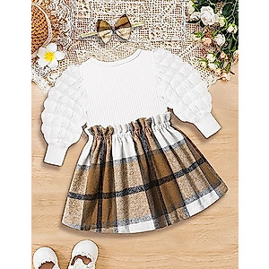 Qaoerde Baby Girl Dresses 12-18 Months Baby Girl Dress Puff Sleeve Brown Plaid Dress Baby Girls' Dresses Baby Dresses 12-18 Months Baby Girl Fall Dress Baby Girl Winter Dress Thanksgiving Outfit