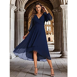 Ever-Pretty Women's Chiffon Spring V Neck Long Sleeves Pleated A-Line Midi Length Wedding Guest Dress Navy Blue US12