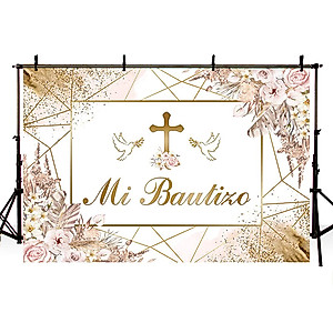 AIBIIN 7x5ft Boho Mi Bautizo Backdrop Mexican Baptism Christening Girl First Holy Communion Party Decorations Bohemian Pink Floral Pampas Photography Background Newborn Baby Shower Photo Booth Props