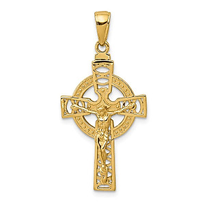 Solid 14k Yellow Gold Celtic Knot Irish Claddagh Cross Pendant Crucifix Charm - 30mm x 18mm - Jewelry Gifts For Women Wife Mom Gifts For Men Husband Dad