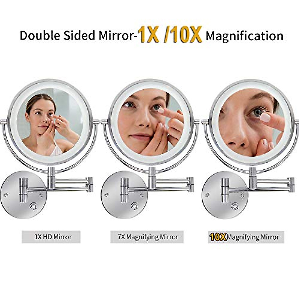 Jolitac 8.5 Inch LED Makeup Mirror Wall Mount, 10X/1X Magnification Chrome Personal Make Up Mirror Round Shaped, Double-Sided Swivel Vanity Mirror Touch Button Adjustable Light for Bathroom