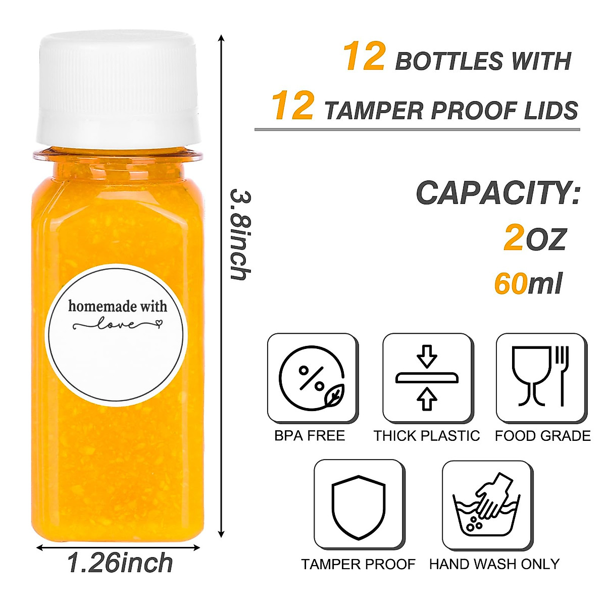 Moretoes 12pcs 2oz Shot Bottles with Caps, Mini Juice Bottles, Reusable Clear Bottles for Liquids, Empty Containers with Lids for Oil, Juice and Other Beverages
