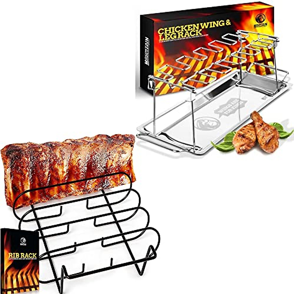 Chicken Drumstick Grill Rack - Large Capacity Smoker Stainless Steel With A Locking Mechanism & Deep Drip Tray Bundle with MOUNTAIN GRILLERS Rib Racks for Smoking Holds 5 Baby Back Ribs - Black