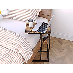 Yusong C Shaped End Table, Small Side Tables Slide Under Sofa Couch Bed, Small TV Tray Bedside Table for Small Spaces, Living Room, Bedroom, Brown