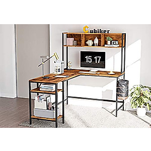 Cubiker L-Shaped Desk with Hutch, 60" Corner Computer Desk, Home Office Gaming Table with Storage Shelves, Space-Saving, Dark Rustic
