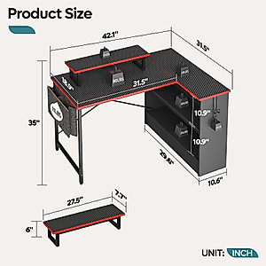 Bestier L Shaped Gaming Desk with Storage Shelves, 42 Inch Reversible Corner Computer Desk with LED Lights, PC Gaming Table with Side Storage Bag & Monitor Stand for Bedroom