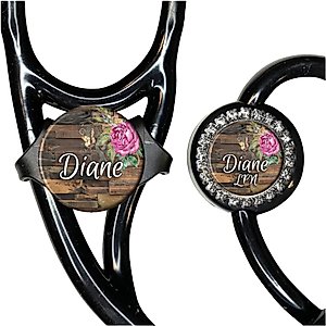 Wood Floral Adjustable Stethoscope ID Name Tag - Choose Tag Style and Color, Custom Fonts, Design Size and Decorative Frame - Hospital Nurse Identification